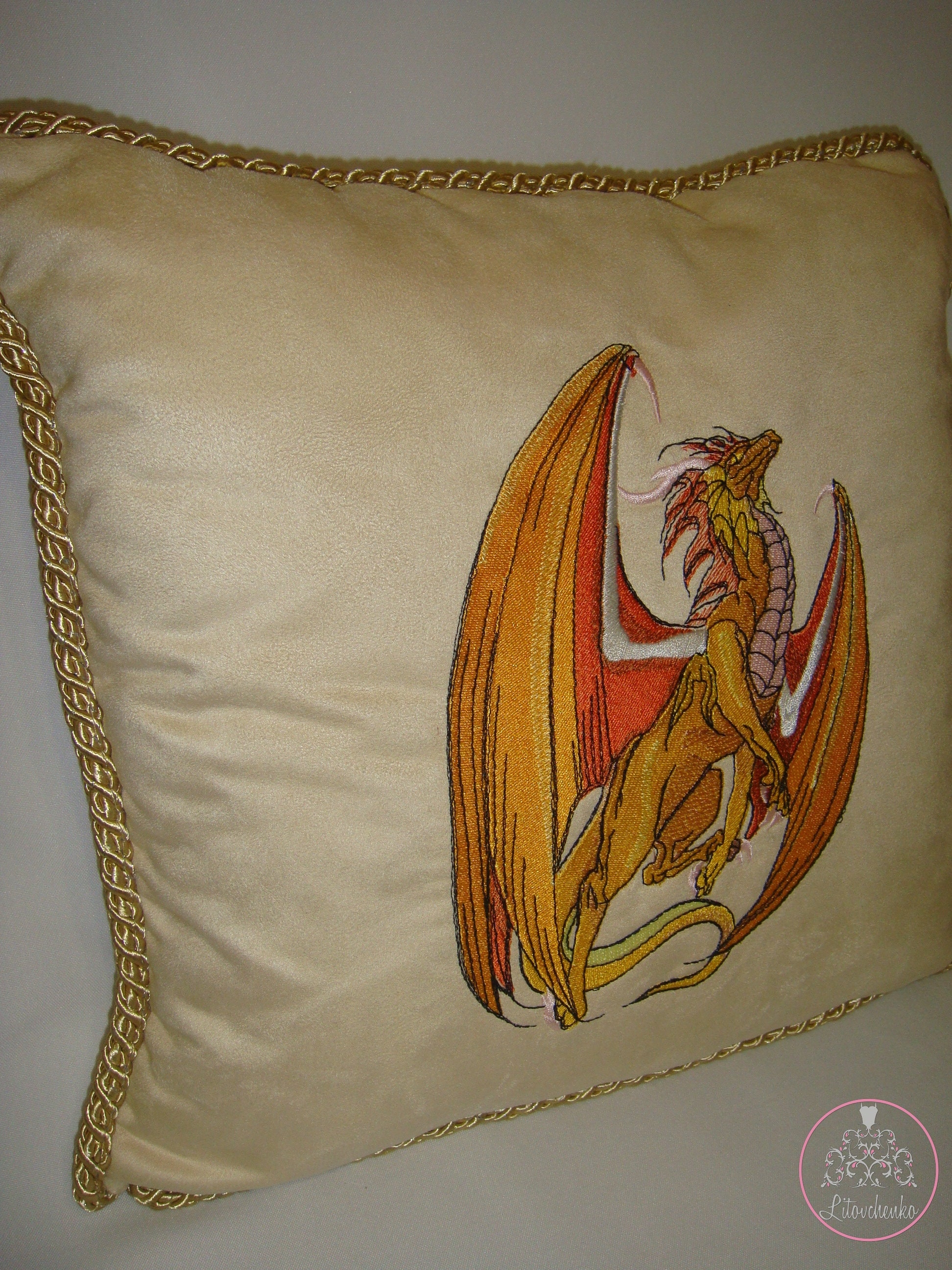 Decorative Pillow With Embroidered Yellow Dragon, Dragon Pillow ...