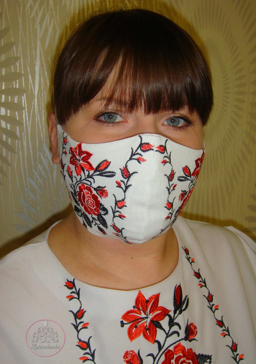 Linen Face Mask With Embroidered Roses on Both Sides for a Women ...