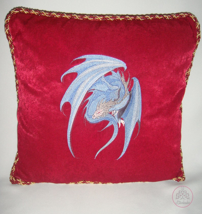 Decorative Red Pillow With Embroidered Blue Dragon. Asian Animal Pillow ...