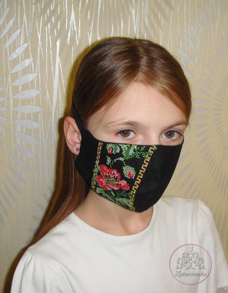 Linen Black Face Mask With Embroidered Poppies Ukrainian Cross Pattern ...