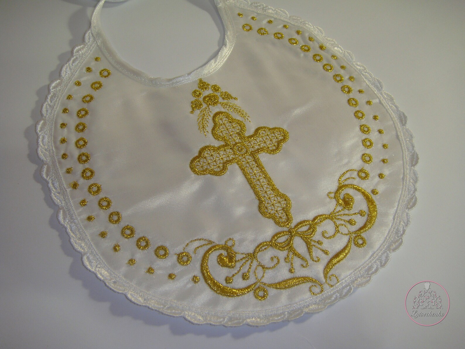White Christening Satin Bib With Embroidered Golden Cross. Baptism Bib ...