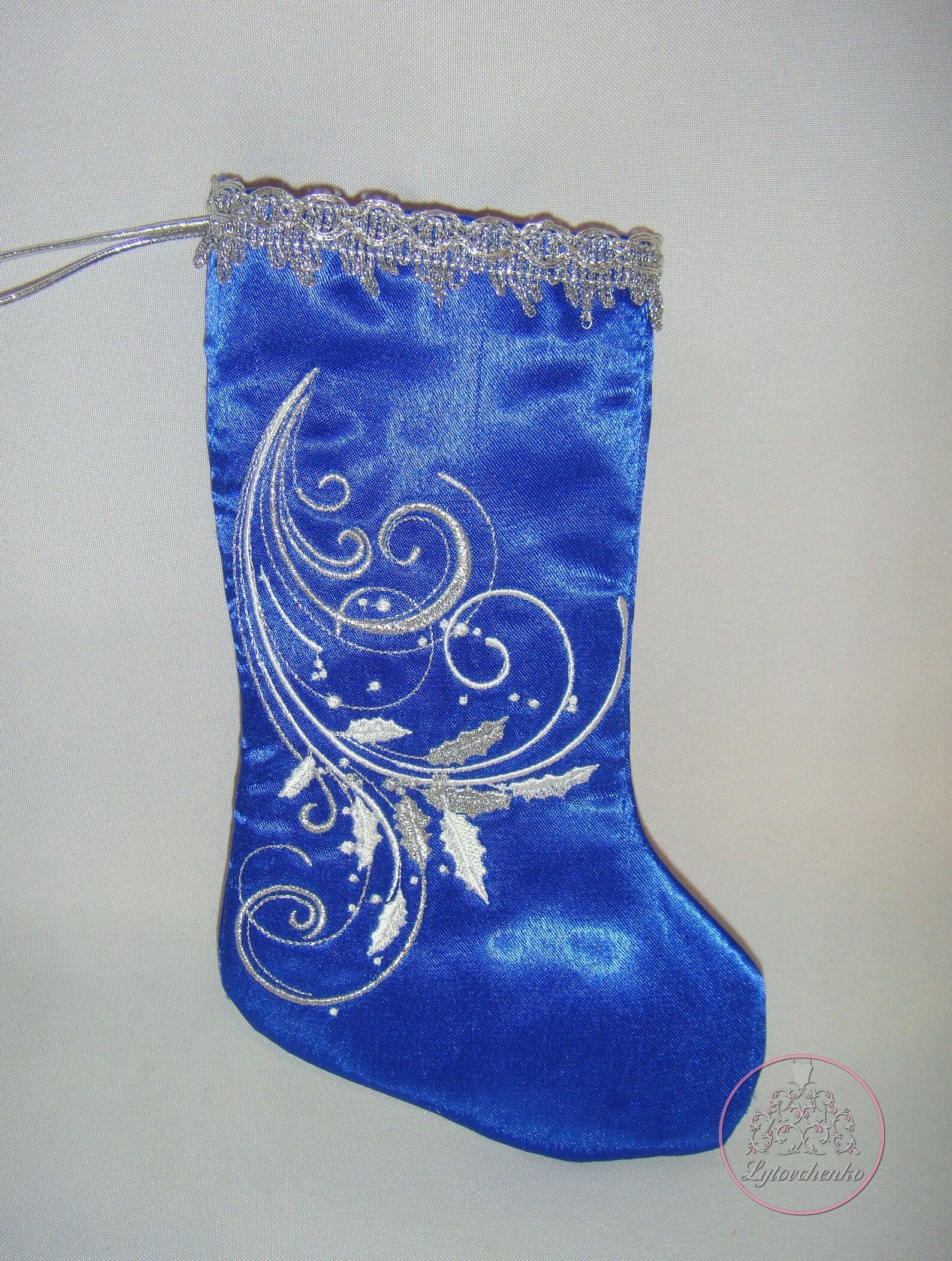 Blue Decorative Xmas Stocking With Machine Embroidery, Santa's Boot ...