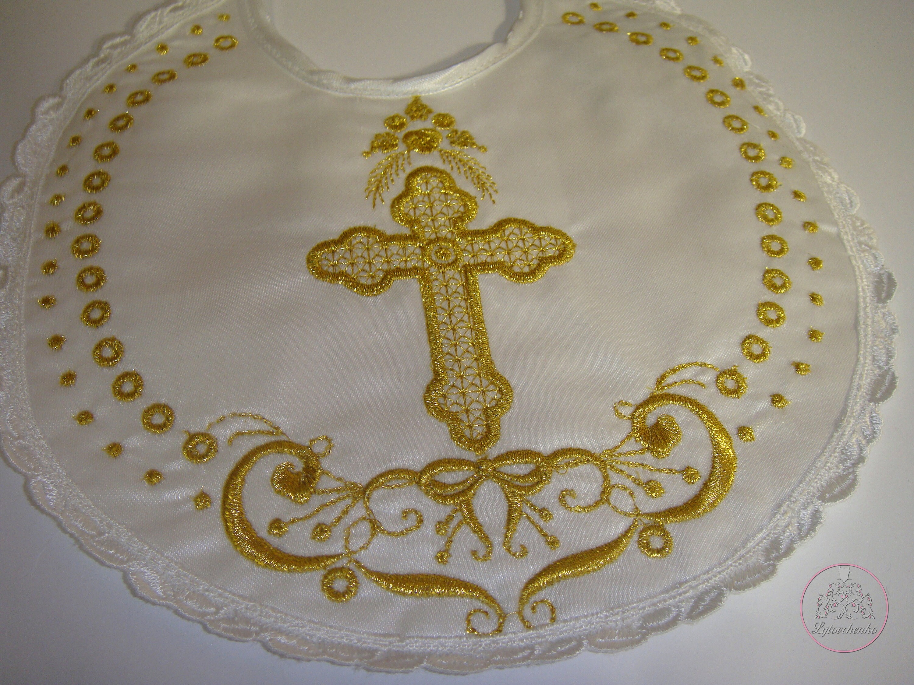 White Christening Satin Bib With Embroidered Golden Cross. Baptism Bib ...