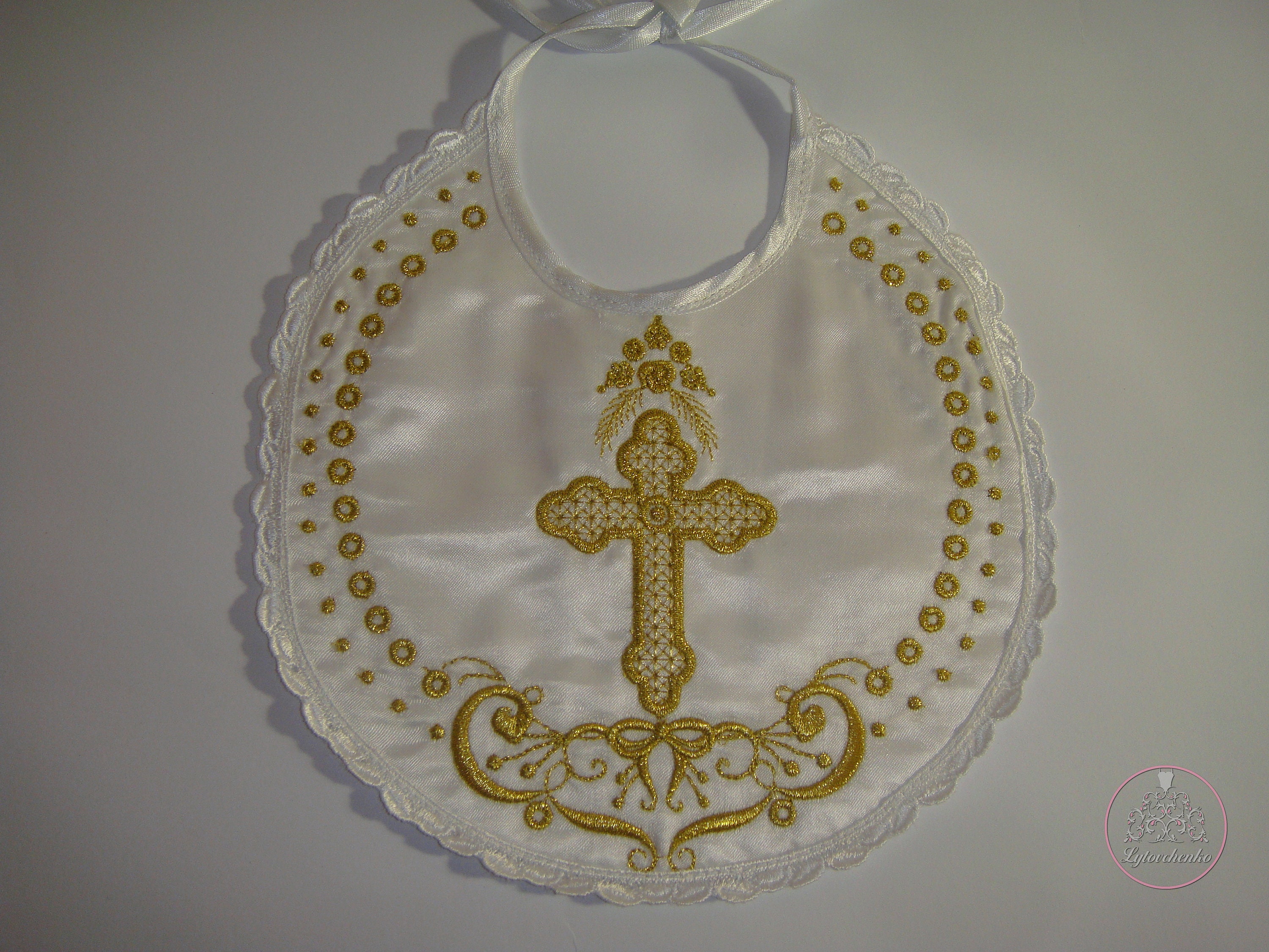 White Christening Satin Bib With Embroidered Golden Cross. Baptism Bib ...