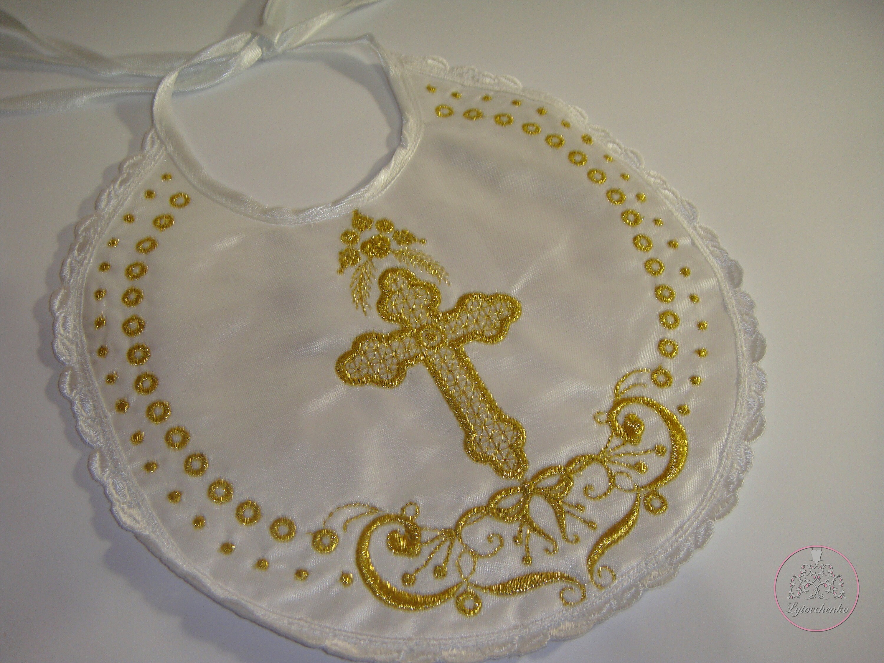 White Christening Satin Bib With Embroidered Golden Cross. Baptism Bib ...