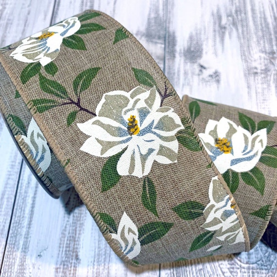 Sweet Magnolia Floral Natural Linen Wired Ribbon 40 2.5 | Etsy