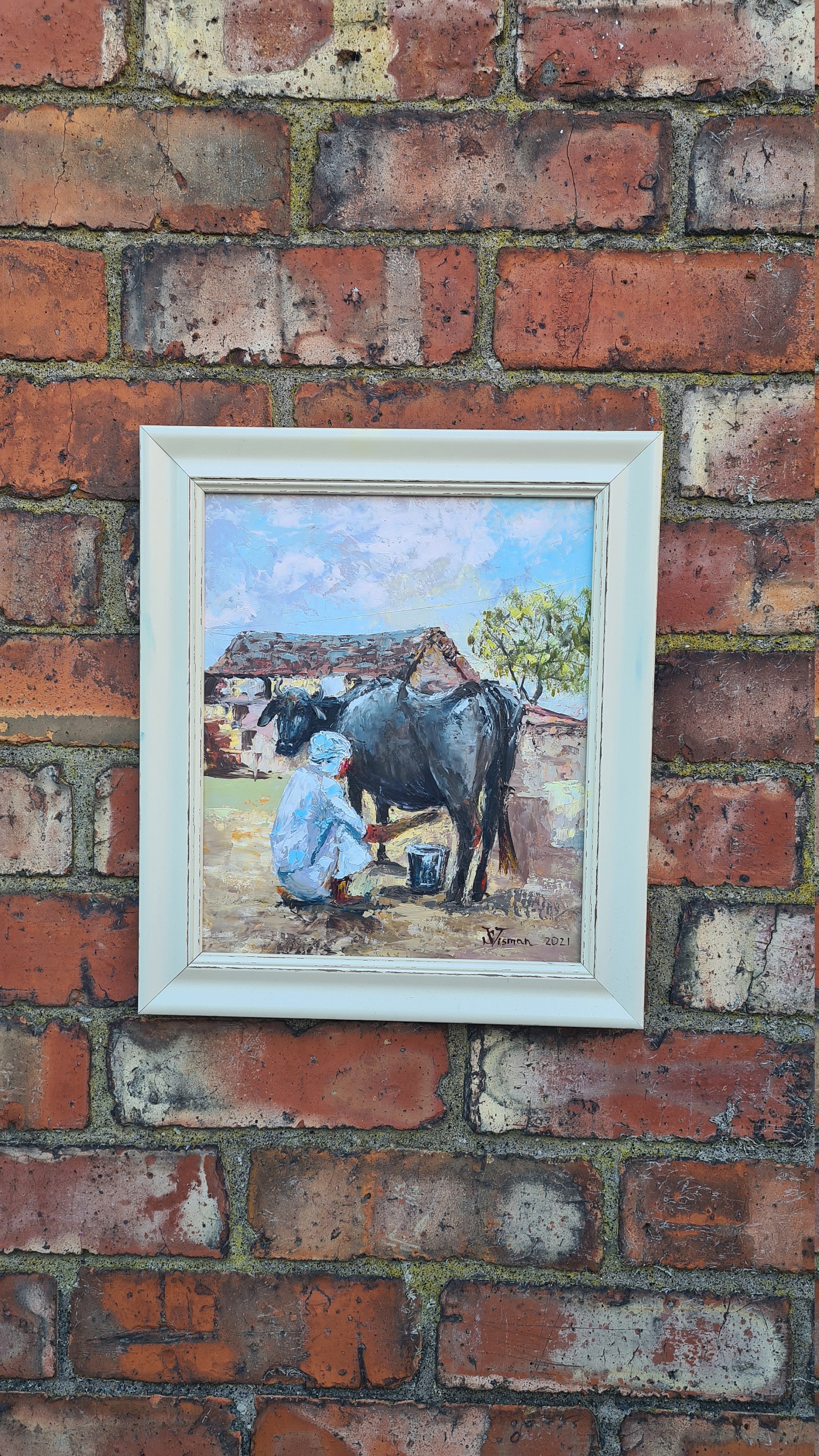 Milking a caw original oil painting one of a kind farm | Etsy