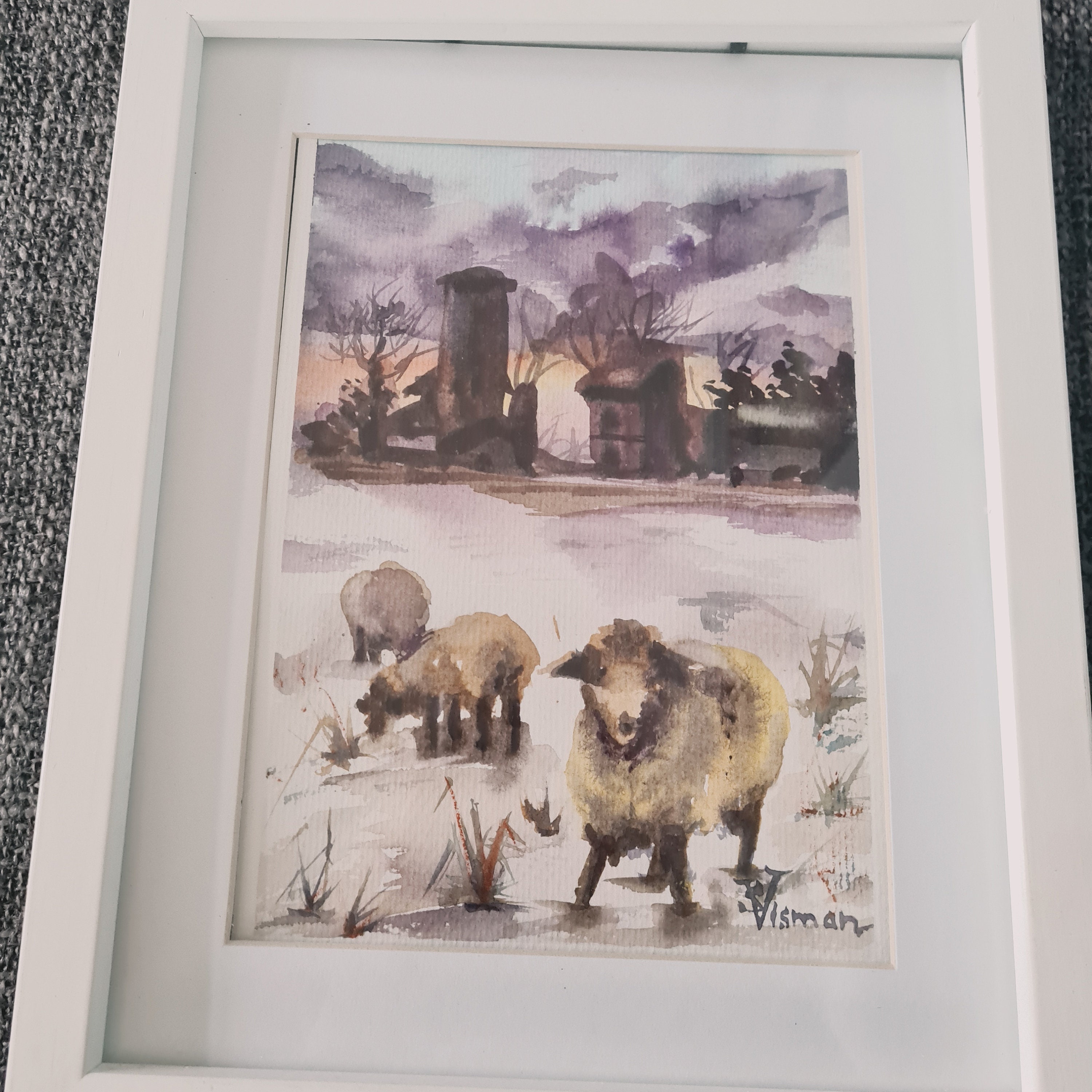 Happy Sheep Watercolour Painting, White Sheep, Landscape With Sheep ...