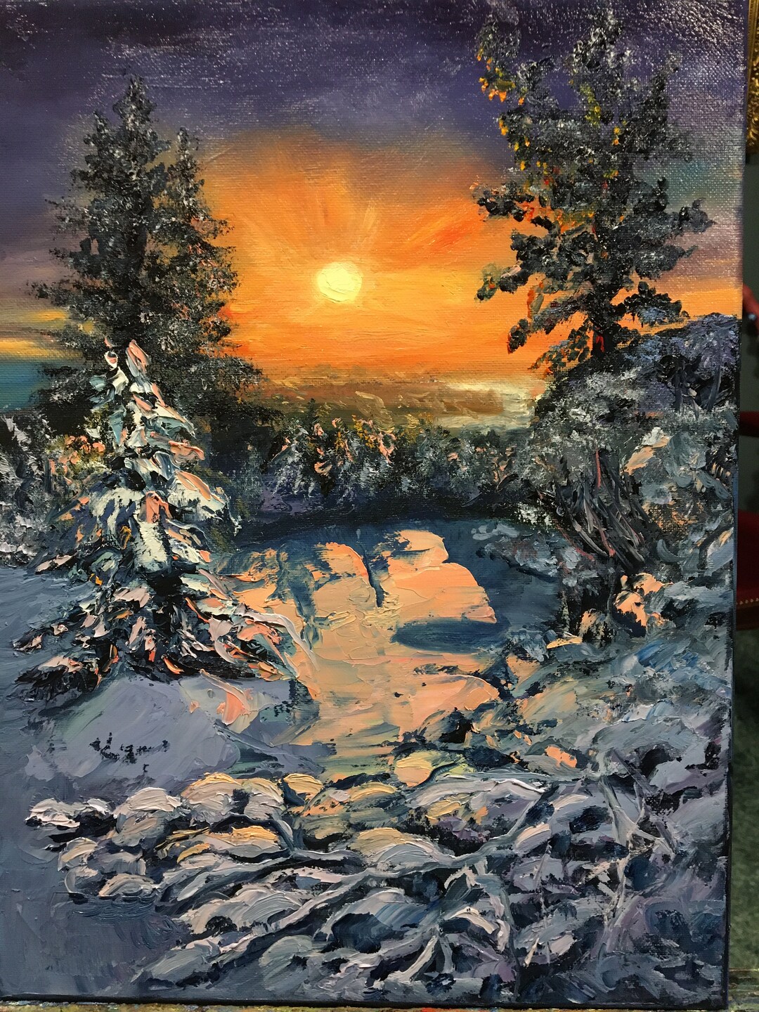 Winter Evening Painting, Original Oil Painting on Canvas 12"x 16",wall ...