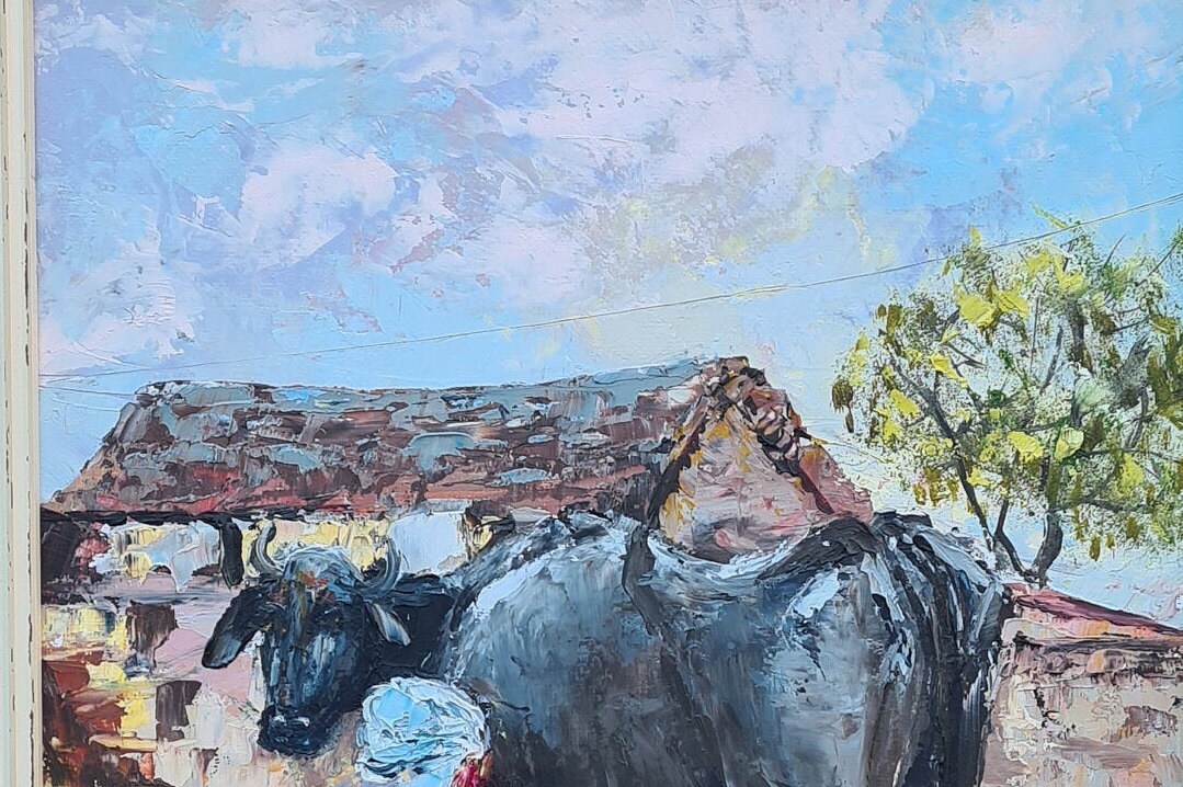 Milking a caw original oil painting one of a kind farm | Etsy