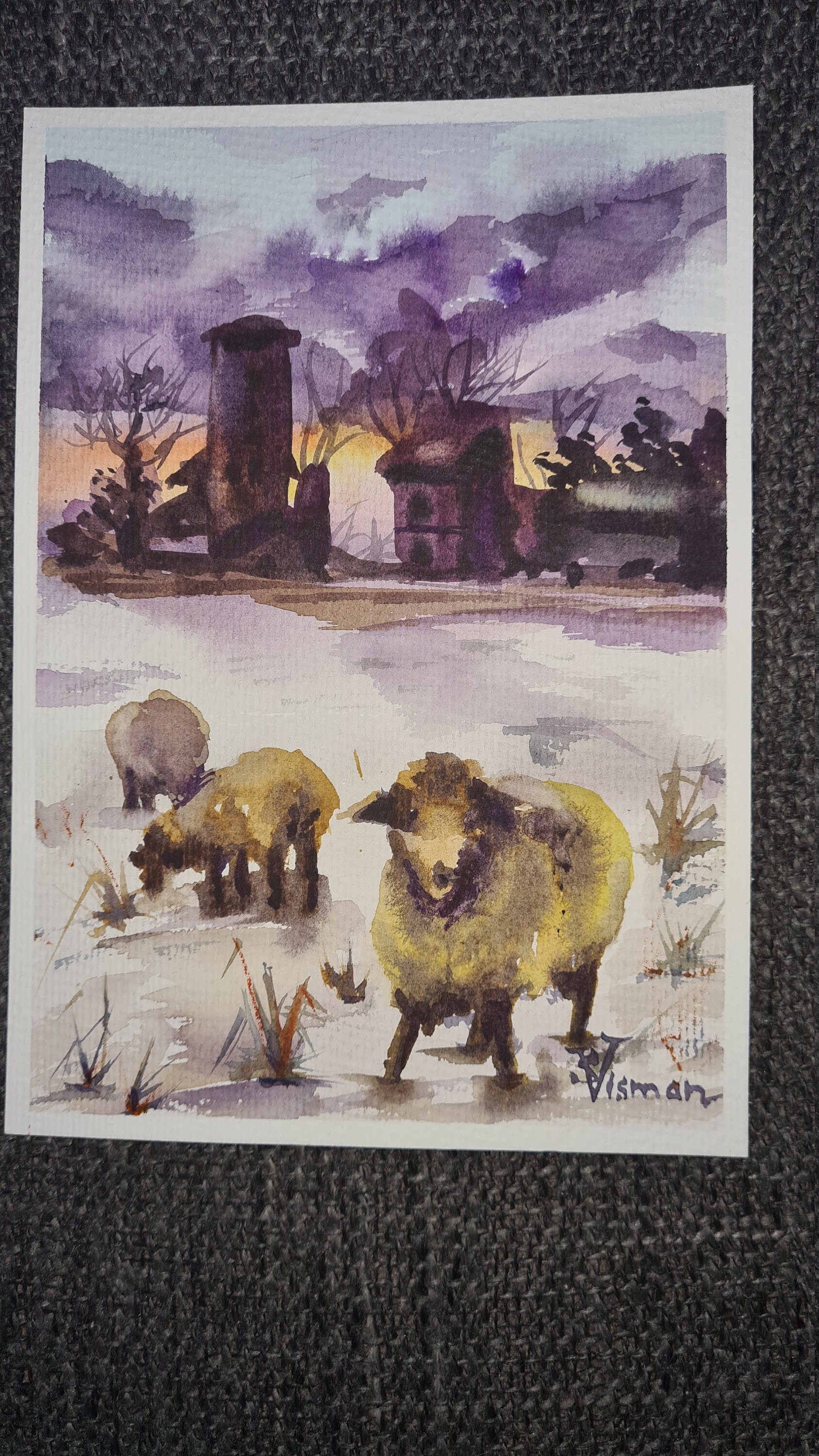 Happy Sheep Watercolour Painting, White Sheep, Landscape With Sheep ...