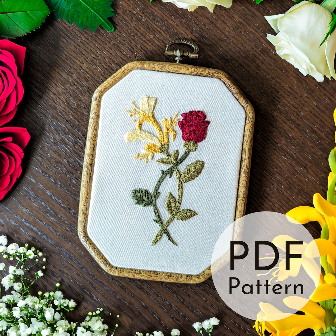 June (rose & Honeysuckle) Birth Flower Embroidery Pattern (digital ...