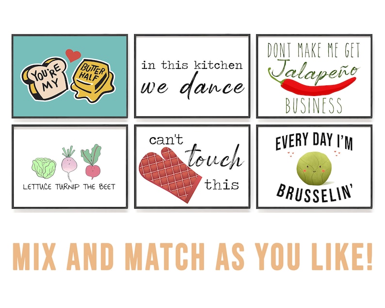 60 Kitchen Prints Set · Food Pun Signs, Set of 60 Funny Kitchen ...