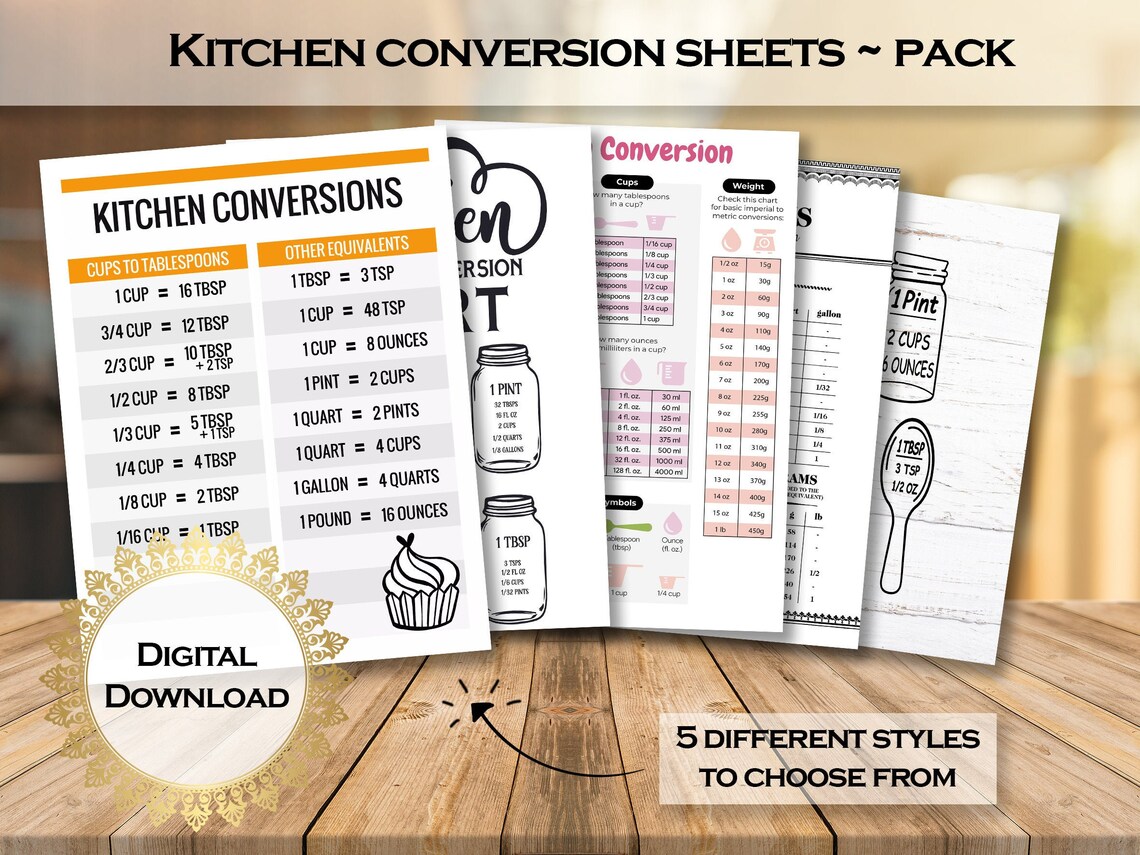 Kitchen Conversion Chart 5 SHEETS Kitchen Cheat Sheet - Etsy