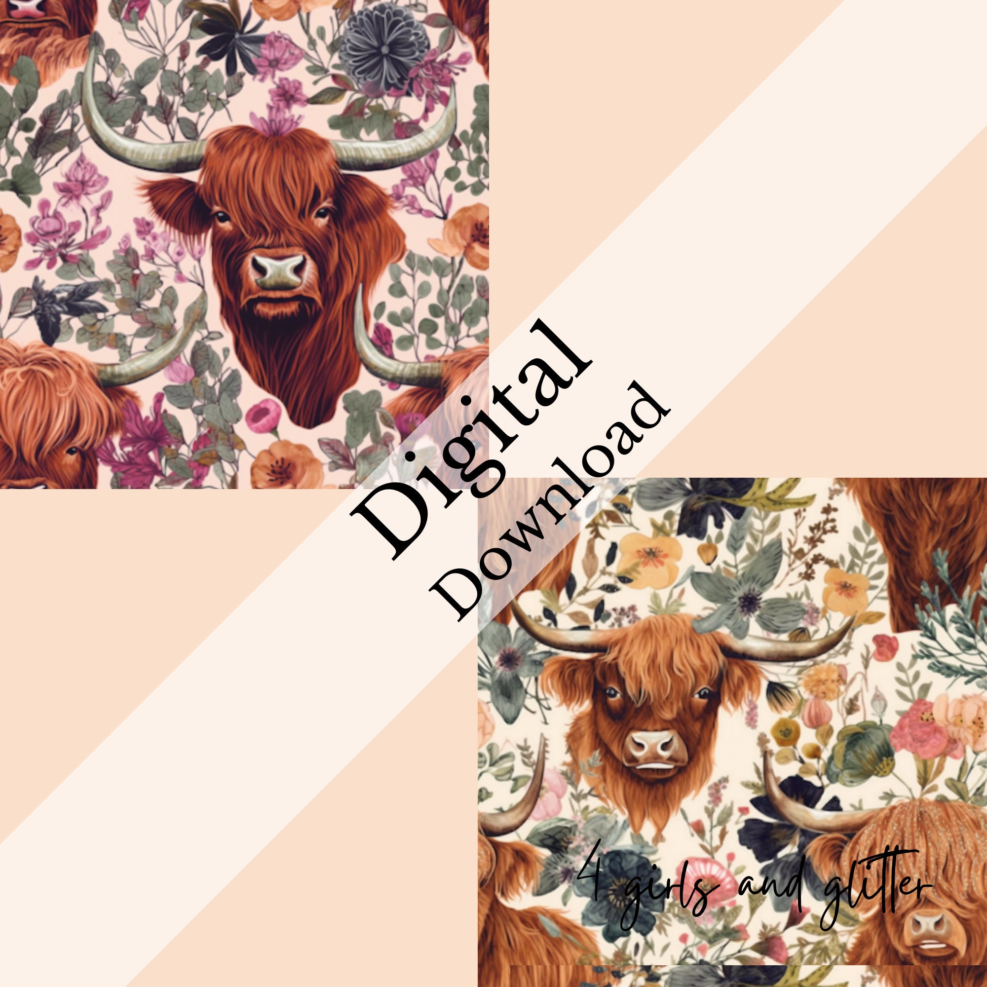 Highland Cow Seamless Pattern Bundle, Instant Download, Watercolor ...