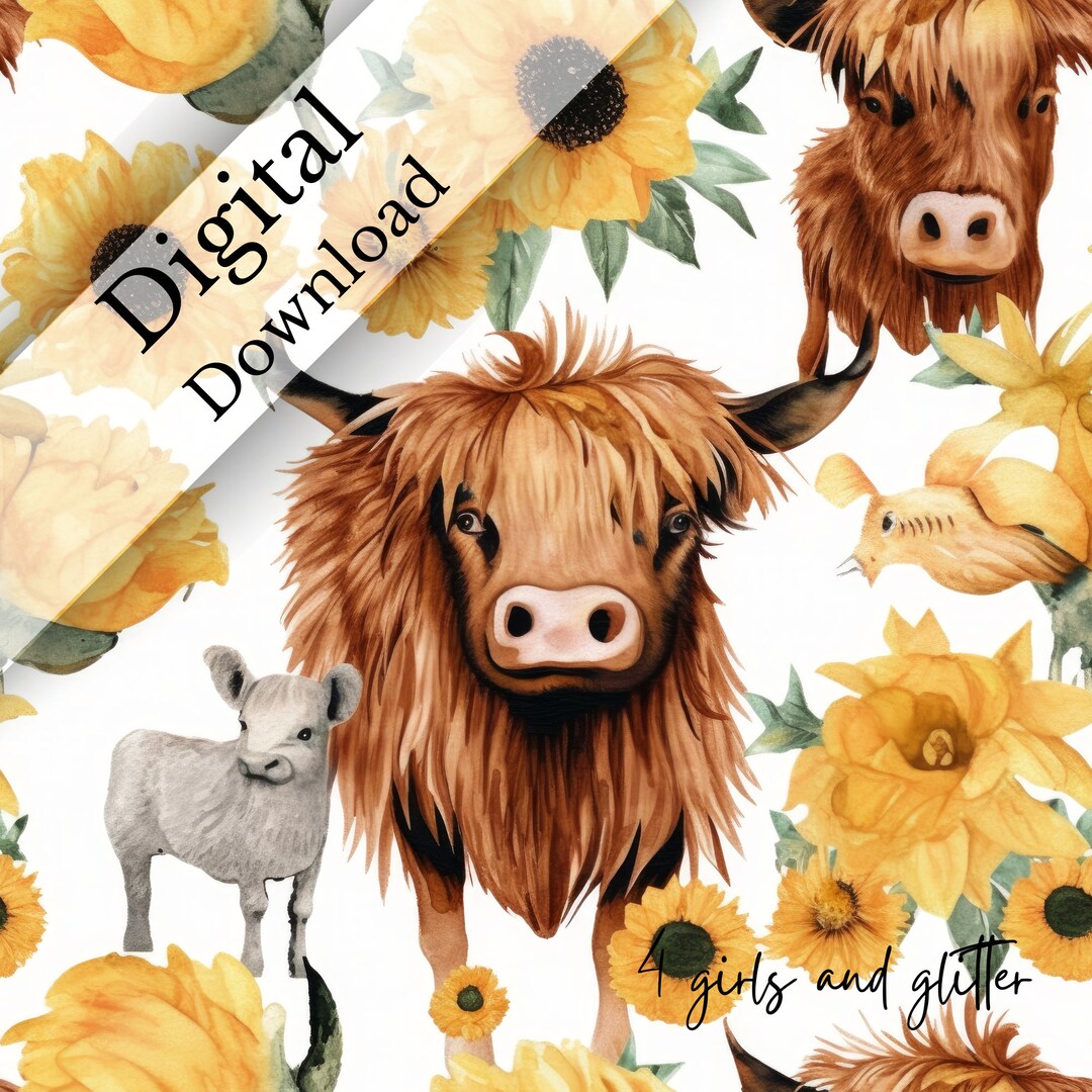 Highland Cow and Sunflower Seamless Pattern, Instant Download ...