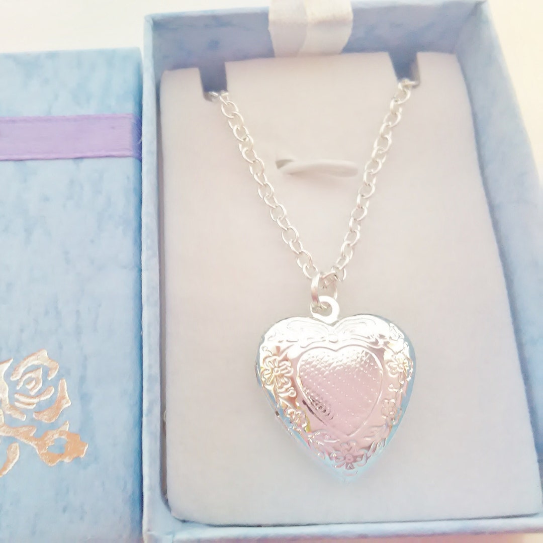 Children's Locket Necklace Heart Shaped on Silver Plated Chain Flower ...