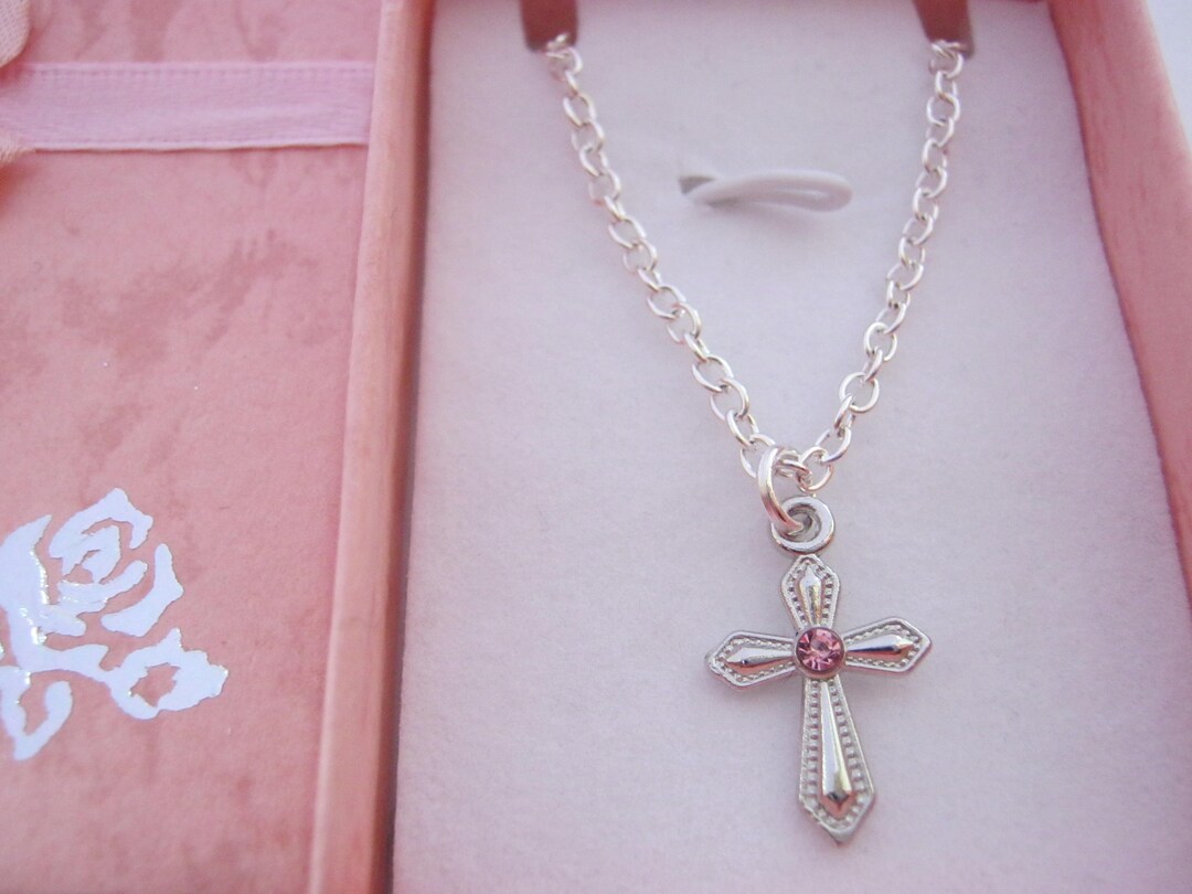 Girls Cross Necklace With Pink or Blue Rhinestone - Etsy