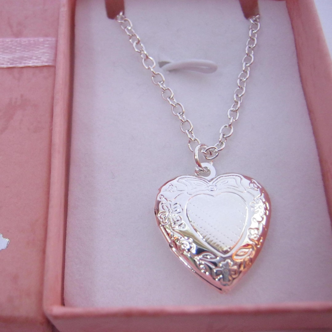 Girls Locket Necklace Heart Shaped on Silver Plated Chain Flower Girls ...
