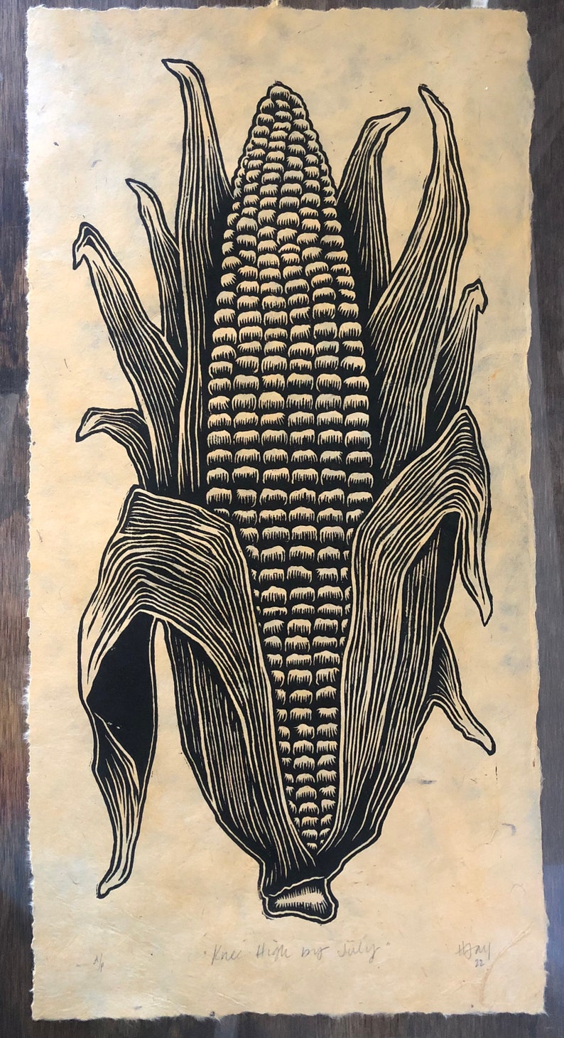 Corn Block Print, Original Linocut, Garden Print, Gardening Art ...