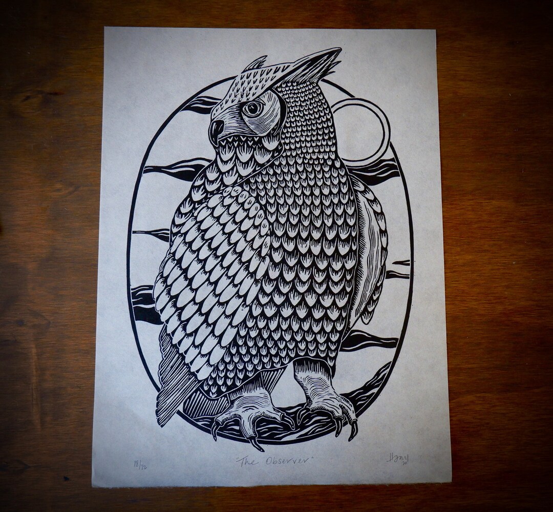 Owl Block Print, Original Linocut, Owl Print, Bird Art, Botanical Print ...