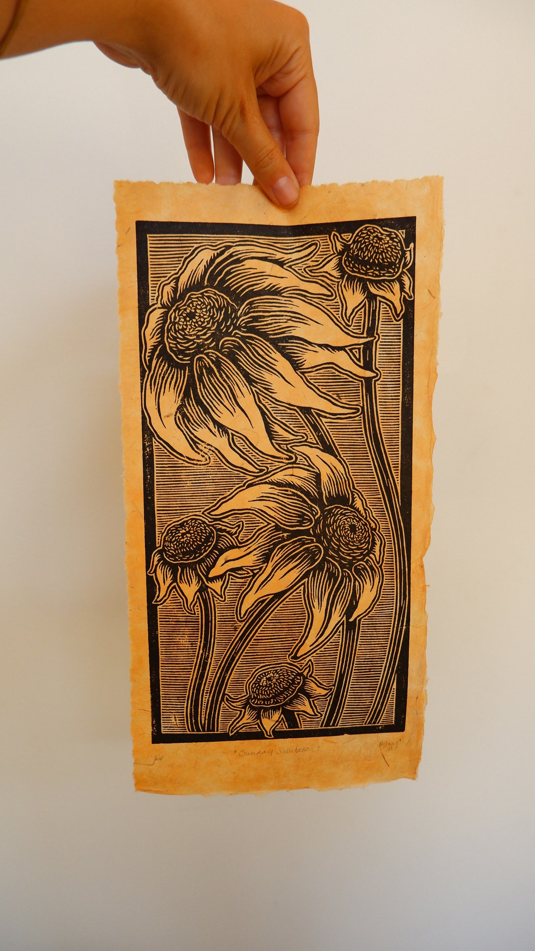 Flower Block Print, Original Linocut, Sunflower Print, Floral Art ...
