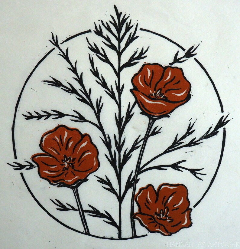 Poppy Block Print, Original Linocut, Poppy Print, Floral Art, Botanical ...