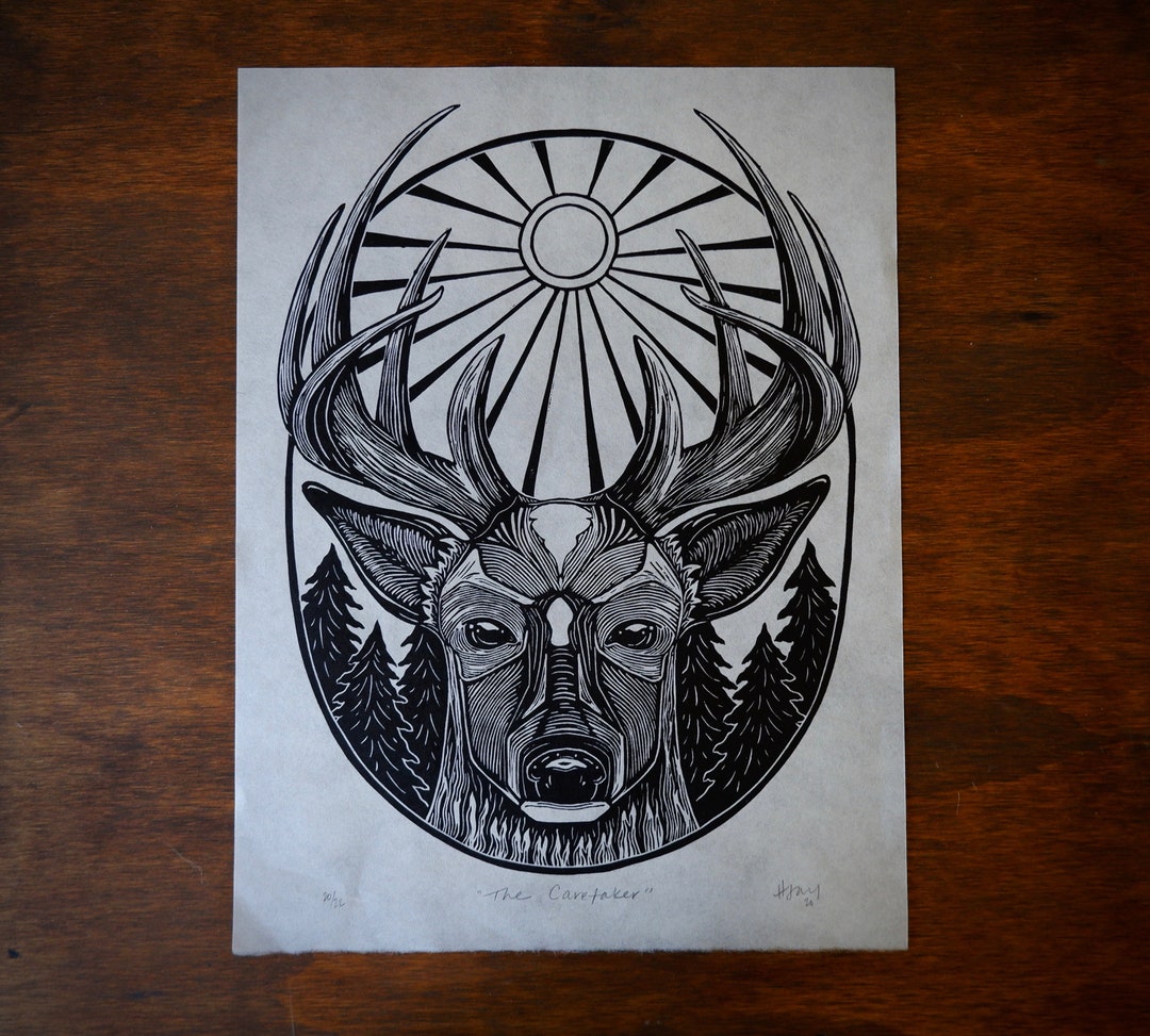 Deer Block Print, Original Linocut, Deer Print, Boho Art, Botanical ...