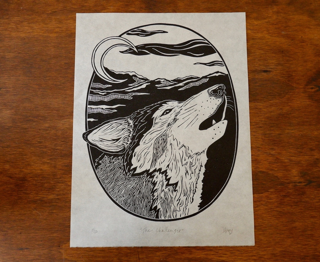 Wolf Block Print, Original Linocut, Wolf Print, Wolf Art, Botanical ...