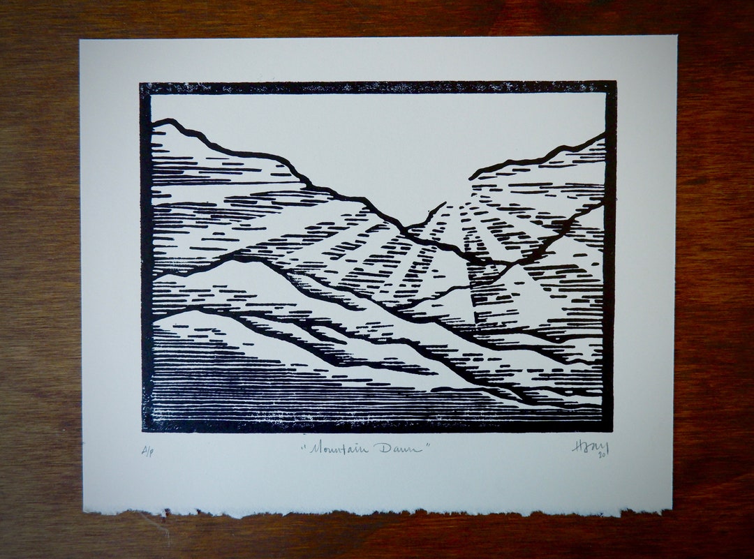 Mountain Block Print, Original Linocut, Mountain Print, Mountain Art ...