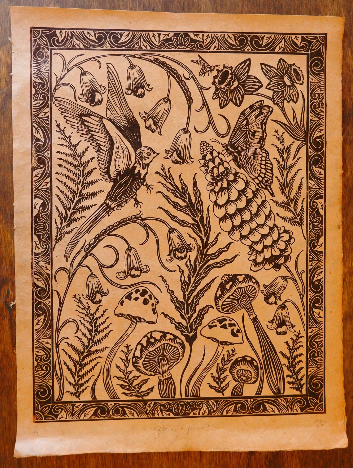 Flora Fauna Block Print, Original Linocut, Nature Print, Floral Art ...