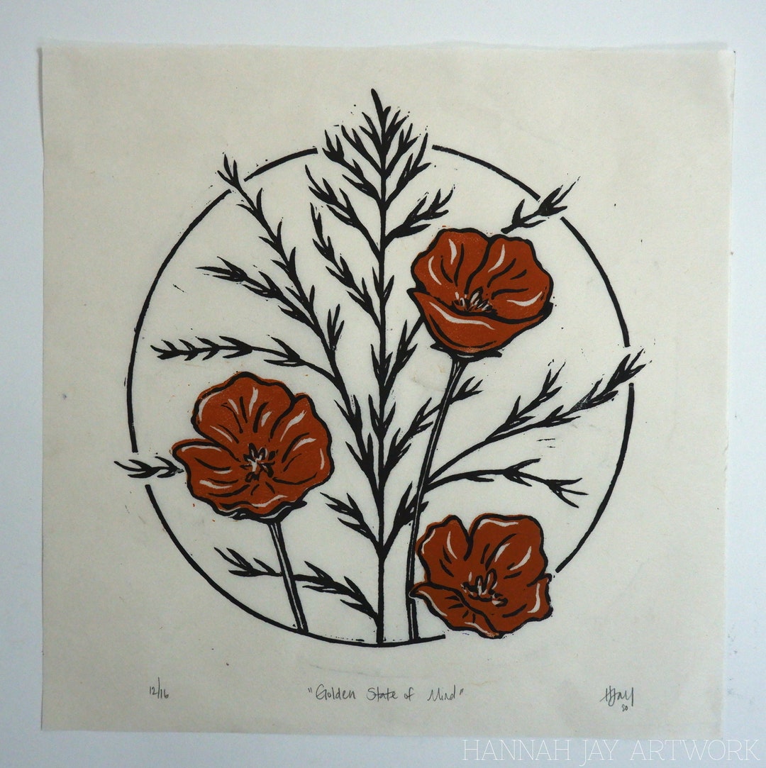Poppy Block Print, Original Linocut, Poppy Print, Floral Art, Botanical ...