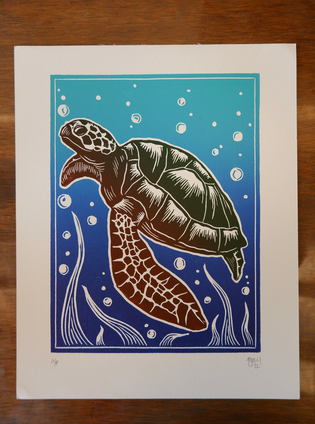 Turtle Block Print, Linocut Print, Ocean Artwork, Handmade Print ...