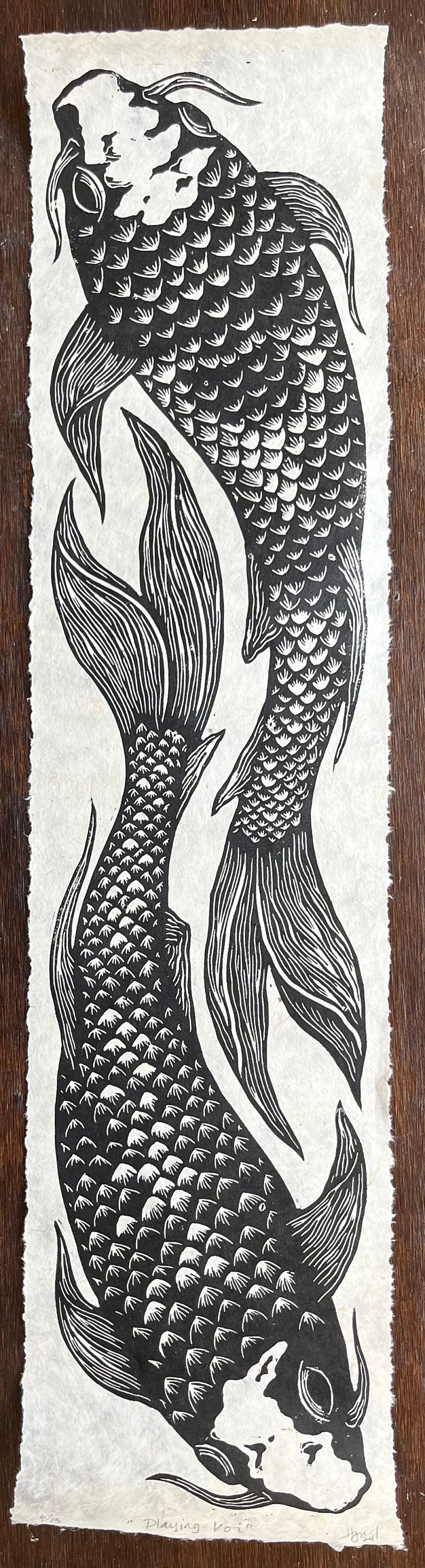 Koi Fish Block Print, Handmade Print, Linoleum Print, Japanese Art, Koi ...