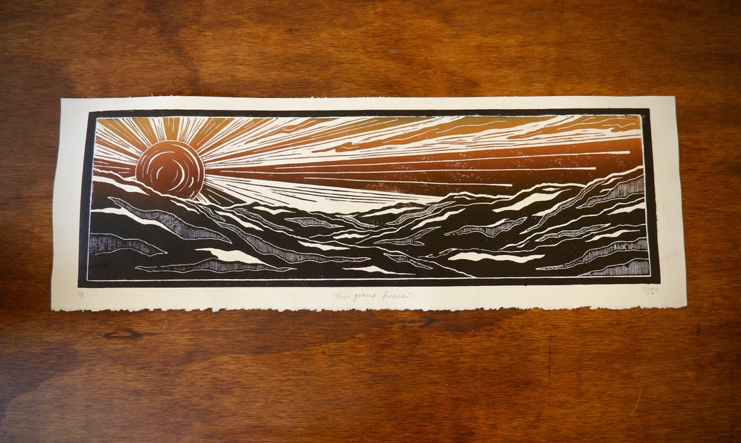 Mountain Block Print, Sunset Print, Original Linocut, Mountain Print ...