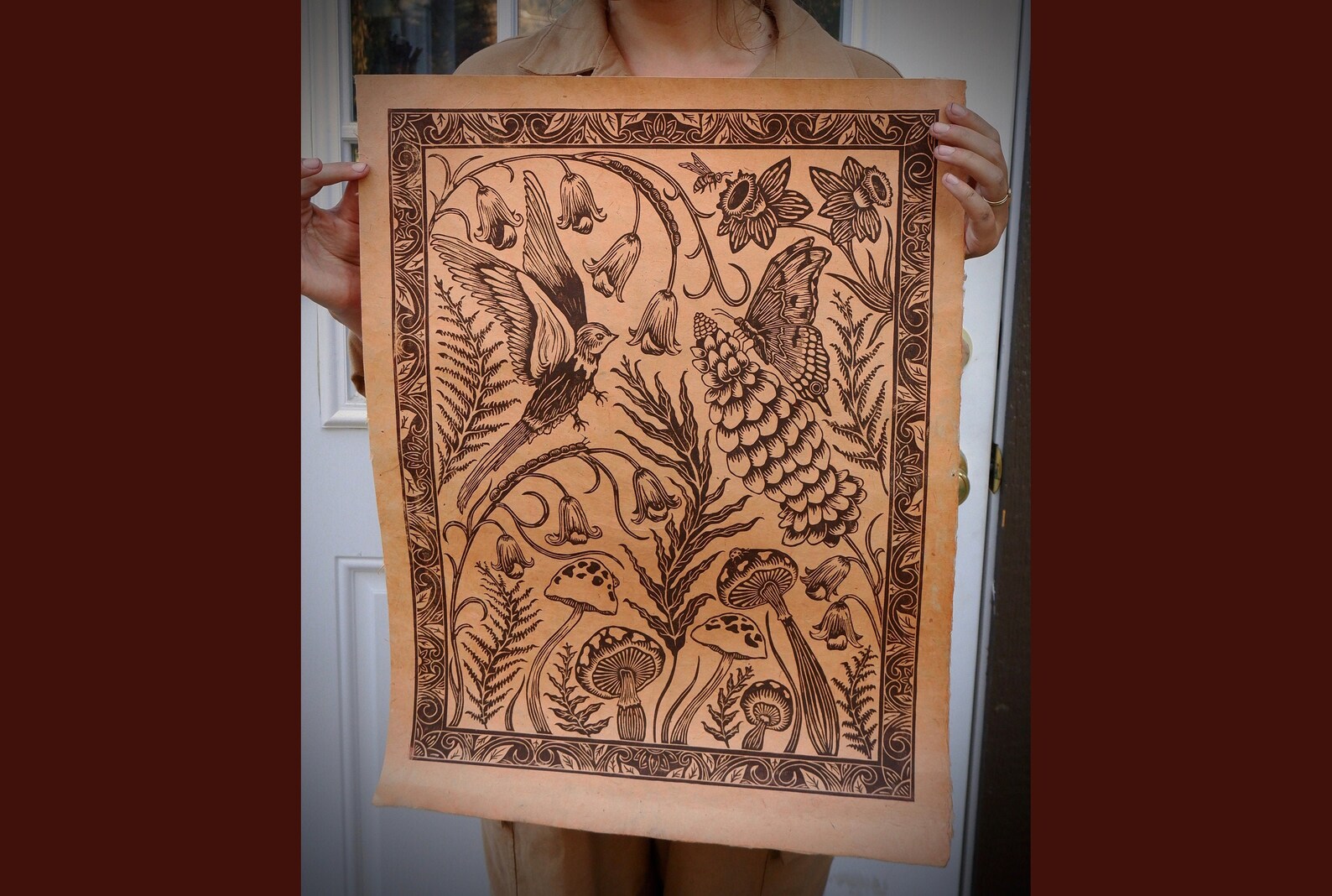 Flora Fauna Block Print, Original Linocut, Nature Print, Floral Art ...