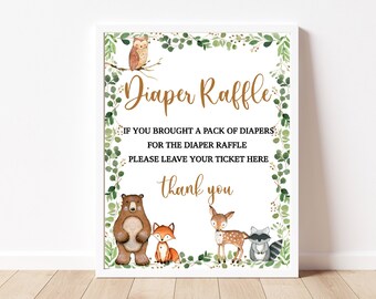 Woodland Diaper Raffle Sign, Greenery Forest Baby Shower Printable ...