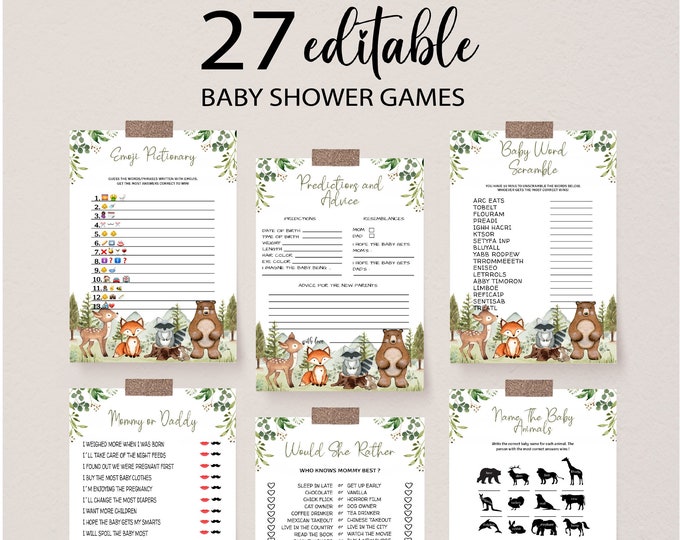 Woodland Animals Baby Shower Games Bundle, Forest Animals Baby Shower ...