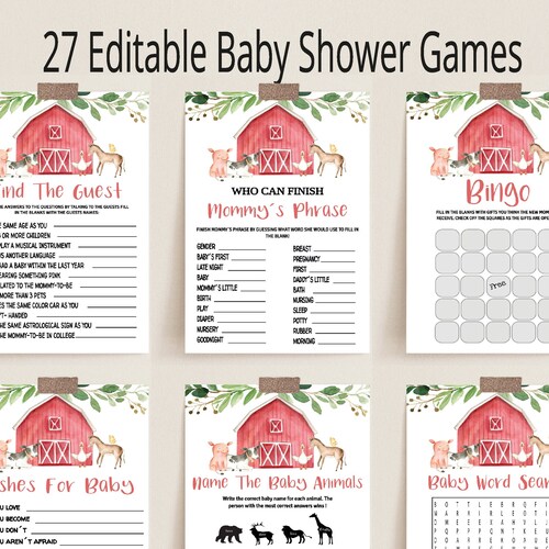 Farm Animals Baby Shower Games Bundle Editable Baby Shower - Etsy