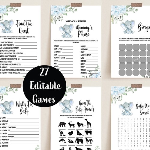 Blue Elephant Baby Shower Game Package 8 Printable Elephant | Etsy