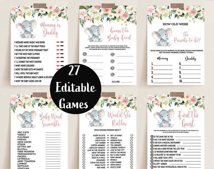 Elephant Baby Shower Games Printable Game Bundle Pink Elephant Girl ...