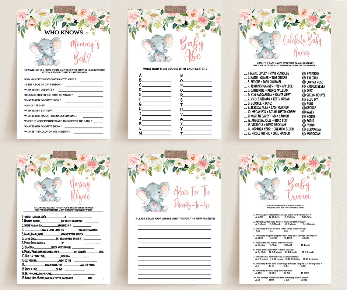 Elephant Baby Shower Games Printable Game Bundle Pink Elephant | Etsy