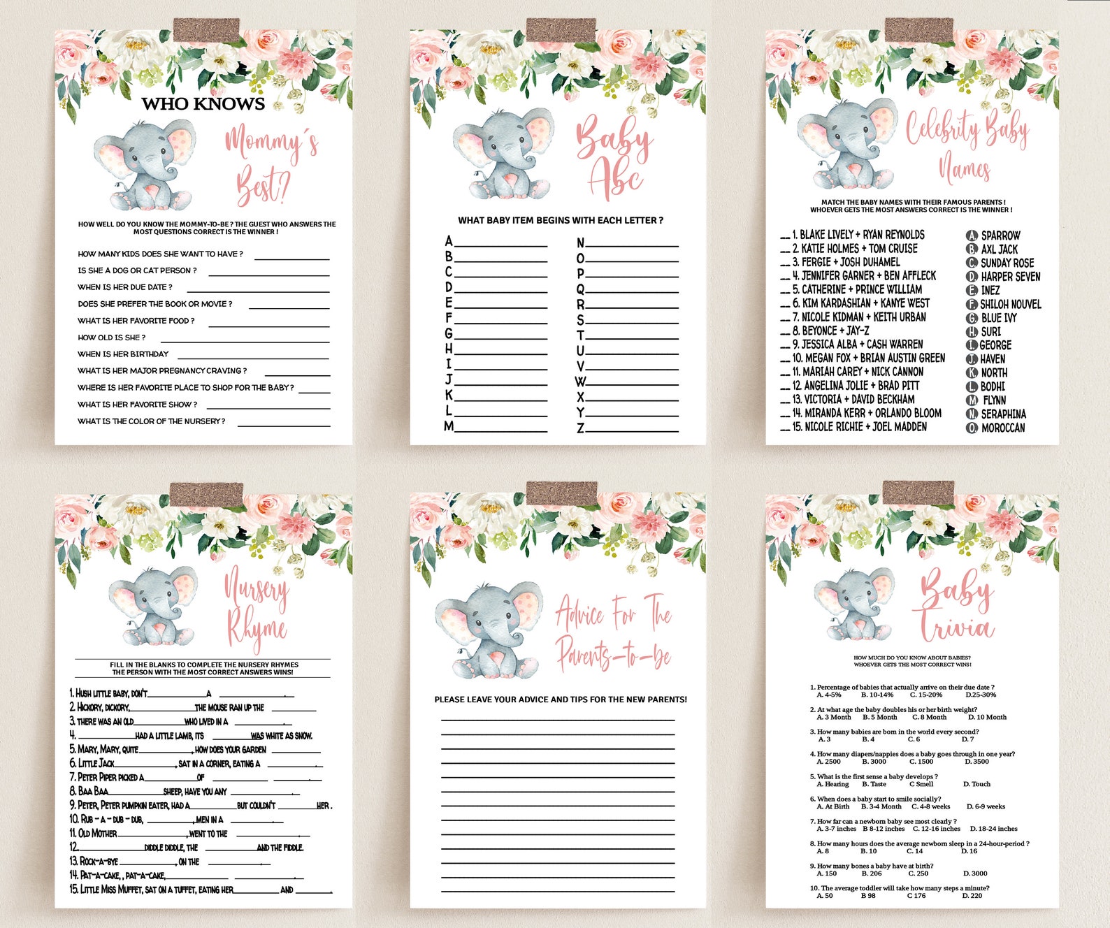 Elephant Baby Shower Games Printable Game Bundle Pink Elephant | Etsy