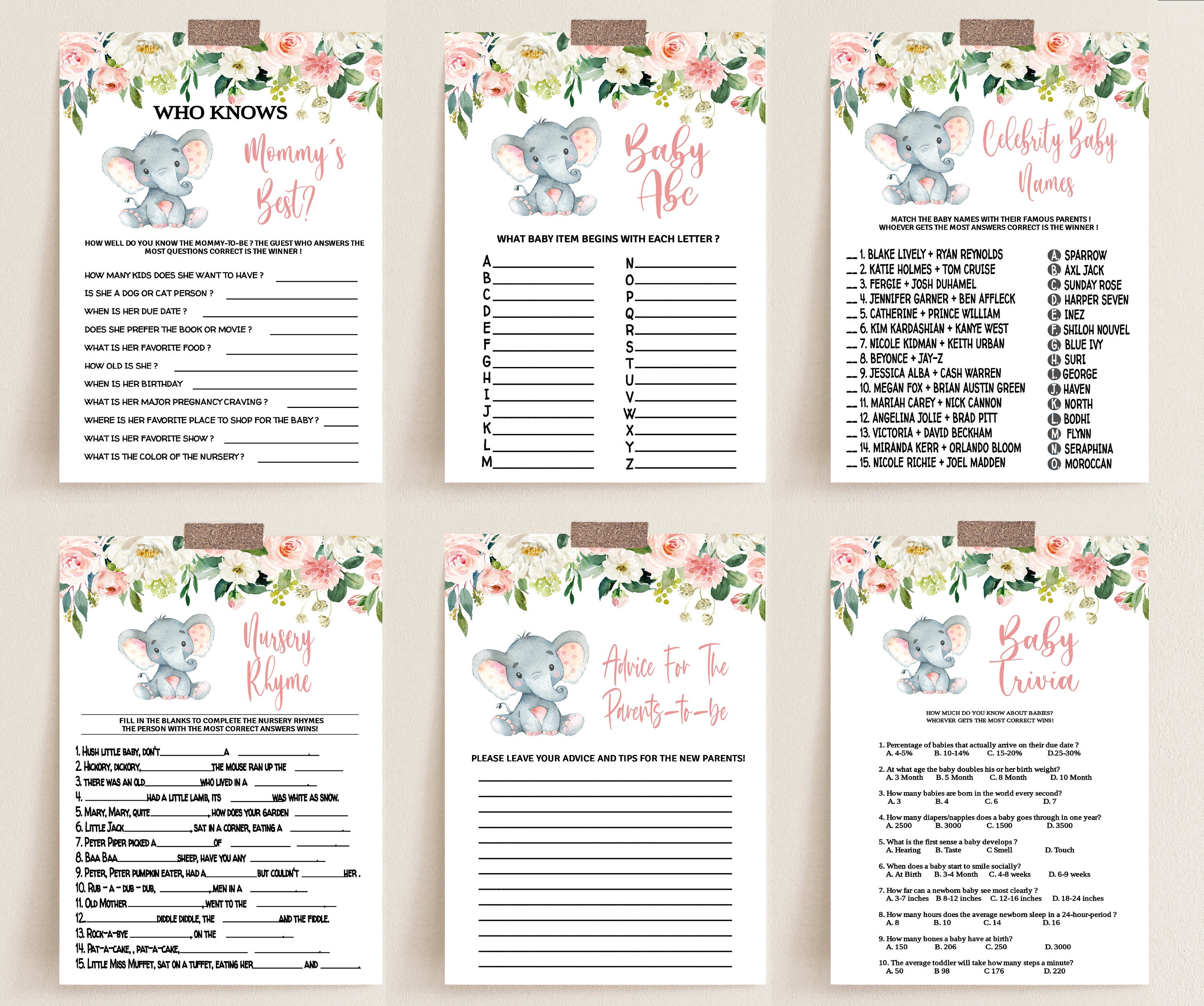 Elephant Baby Shower Games Printable Game Bundle Pink Elephant | Etsy