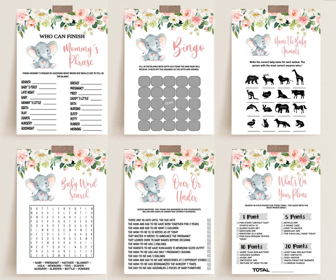 Elephant Baby Shower Games Printable Game Bundle Pink Elephant | Etsy