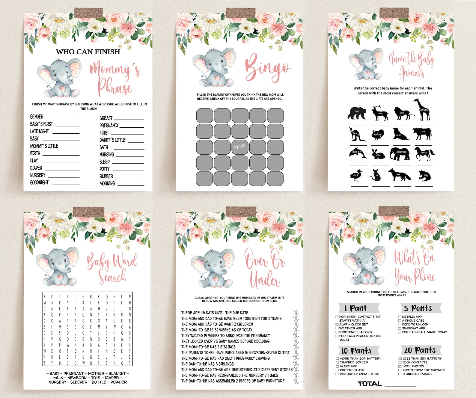 Elephant Baby Shower Games Printable Game Bundle Pink Elephant | Etsy