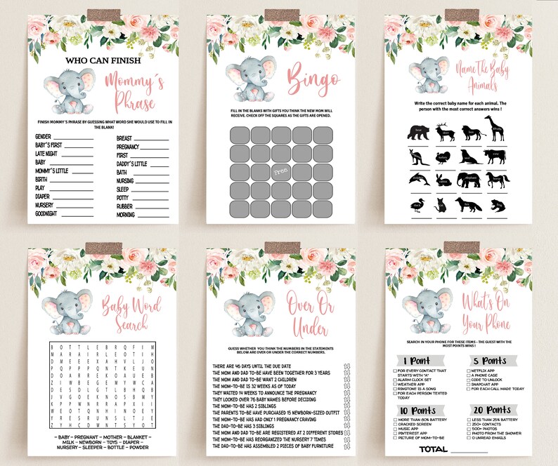 Elephant Baby Shower Games Printable Game Bundle Pink Elephant | Etsy