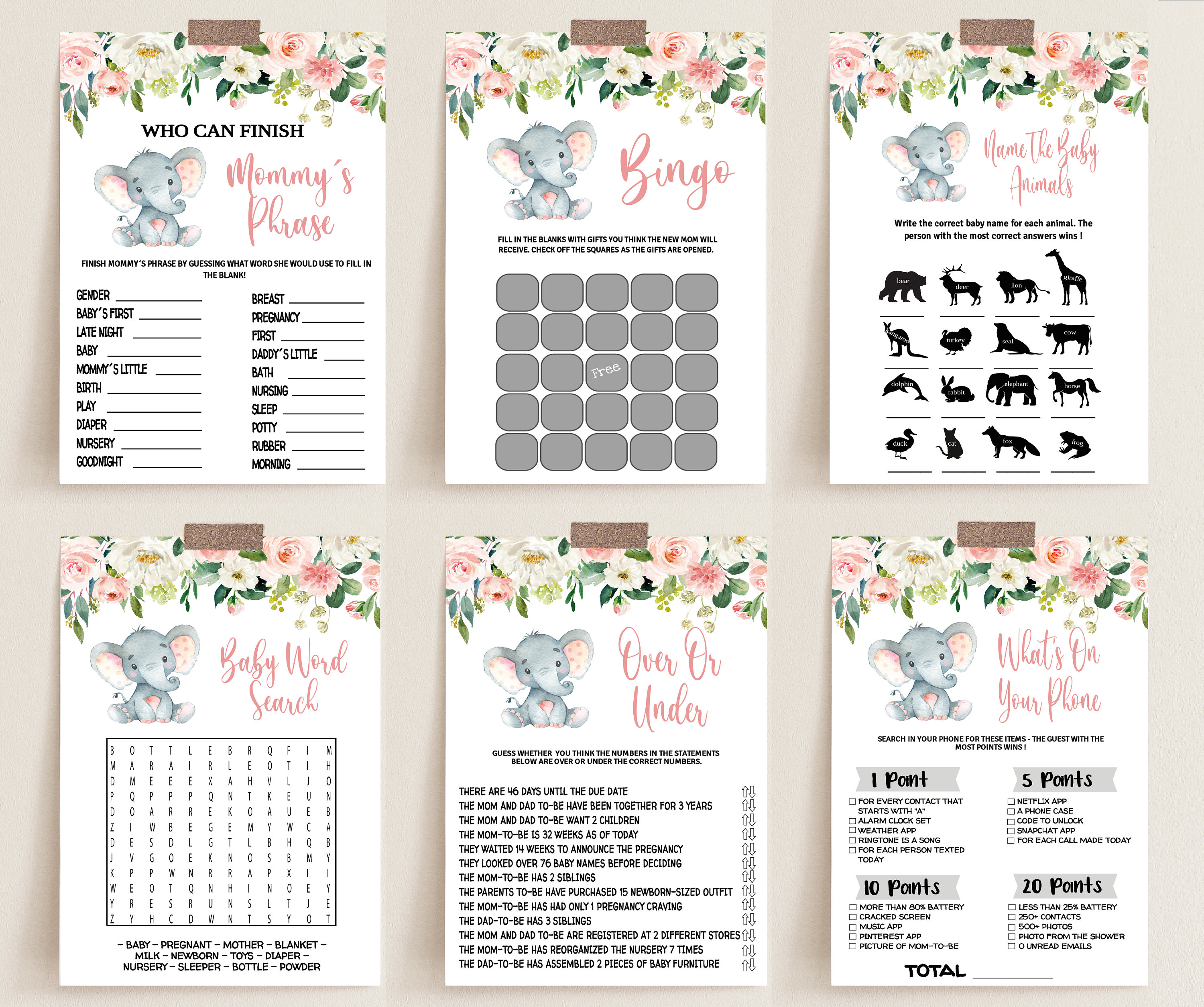Elephant Baby Shower Games Printable Game Bundle Pink Elephant | Etsy
