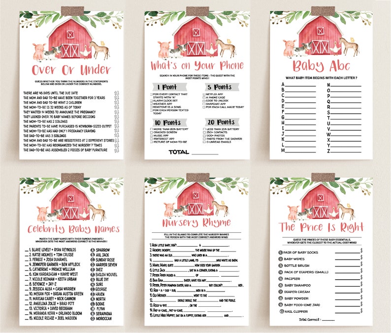 Farm Animal Baby Shower Games Bundle: Editable Printable Games (instant ...