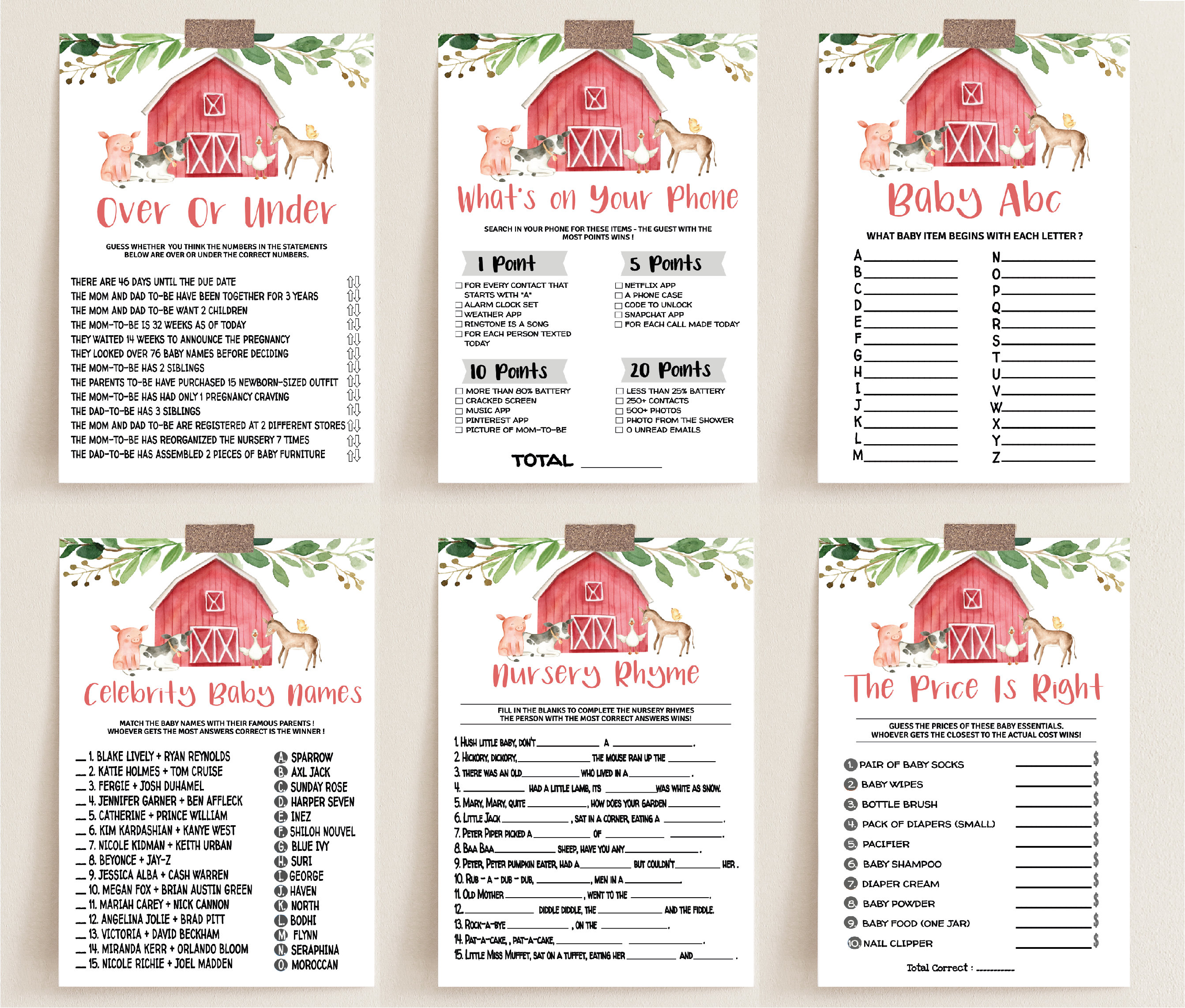 Farm Animal Baby Shower Games Bundle Editable Baby Shower - Etsy